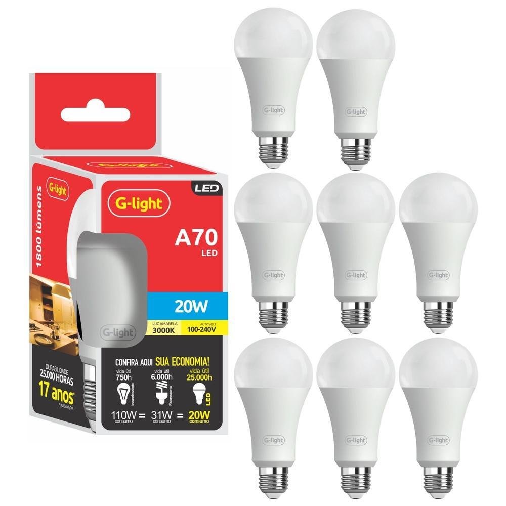 Kit G-light com 8 Lâmpada Led Bulbo A70, 20w | KaBuM!