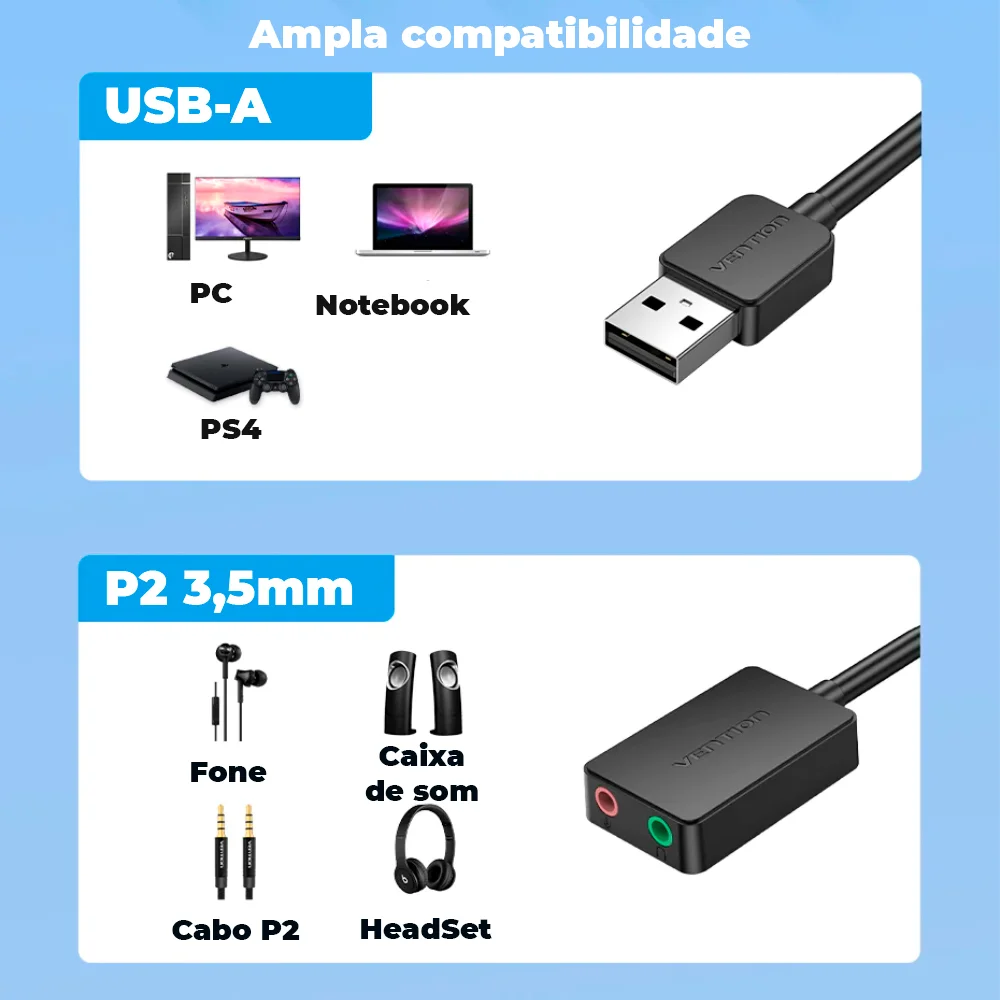 Adaptador Vention USB Áudio X Microfone P2 KaBuM